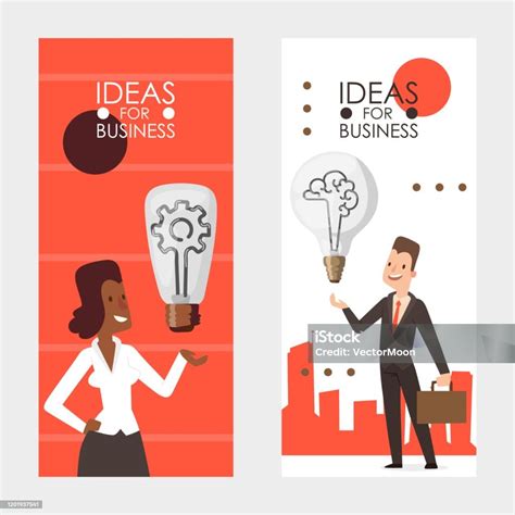 비즈니스 벡터 일러스트레이션을 위한 아이디어 수직 배너 세트 아이디어의 상징으로 전구를 들고 남자와 여자 플랫 스타일의 비즈니스 피플 만화 캐릭터 개념에 대한 스톡 벡터