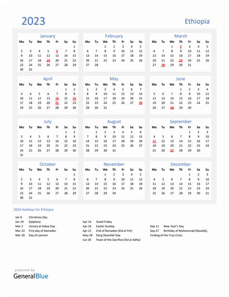 2023 Ethiopia Calendar Monday Start
