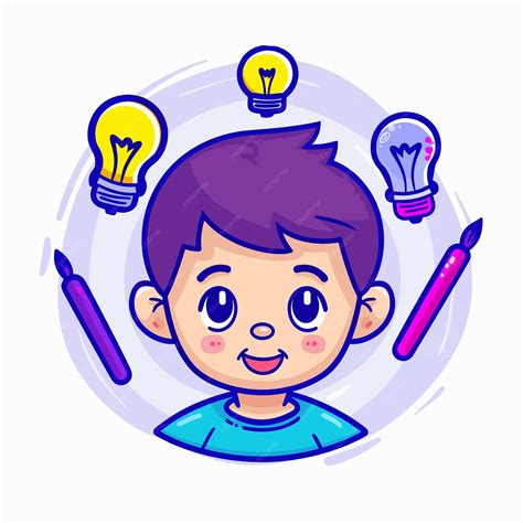 Premium Vector Cute Boy With Pen Brush Light Bulb Creative Thinking