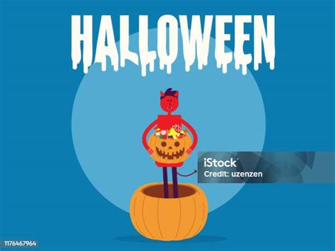 호박 바구니 전체 사탕과 과자를 들고 붉은 악마 개념 할로윈 축하 벡터 디자인 10월에 대한 스톡 벡터 아트 및 기타 이미지 10월 가득 찬 가방 Istock