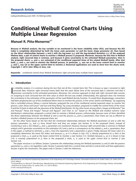 Pdf Conditional Weibull Control Charts Using Multiple Linear Regression Conditional Weibull