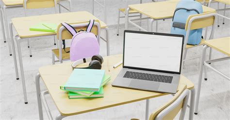 책과 용품이 있는 교실의 학교 책상에 빈 화면이 있는 노트북 교육의 개념 학교와 기술로 돌아갑니다 3d 렌더링 사진 Unsplash의 사람 없음 이미지