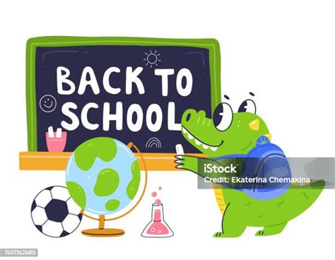 칠판에 귀여운 악어 캐릭터가 쓰여진 학교 컨셉 포스터 디자인 만화 플랫 스타일의 행복한 아기 악어 학생 0명에 대한 스톡 벡터 아트 및 기타 이미지 Istock