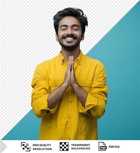 Premium Psd Potrait Smiling Positive Indian Man Wearing Yellow Shirt Holding Fingers Crossed