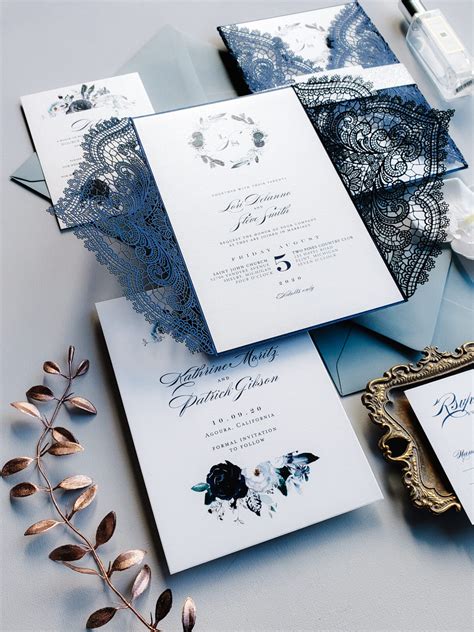 Navy Lace Wedding Invitations Dusty Blue Wedding