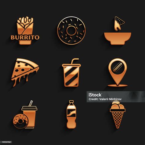 물과 함께 유리를 설정 병 와플 콘에 아이스크림 위치 핫도그 소다 음료 도넛 슬라이스 피자 나초 접시와 부리토 아이콘 벡터 0명에 대한 스톡 벡터 아트 및 기타 이미지