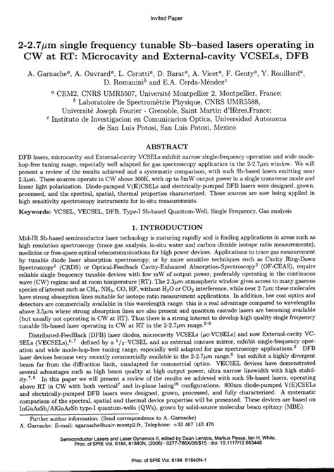 Pdf 2 2 7μm Single Frequency Tunable Sb Based Lasers Operating In Cw At Rt Microcavity And