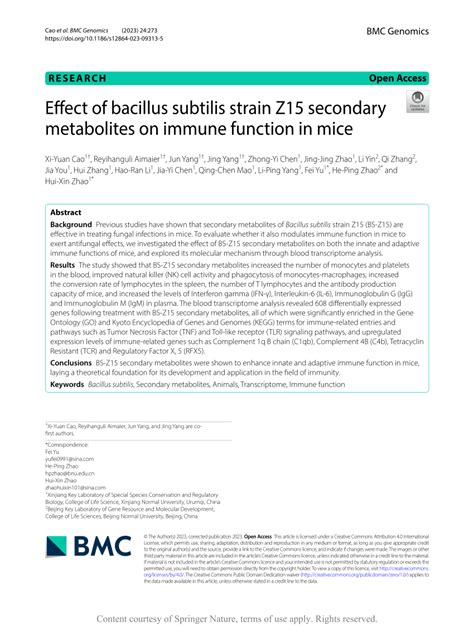 Pdf Effect Of Bacillus Subtilis Strain Z15 Secondary Metabolites On Immune Function In Mice