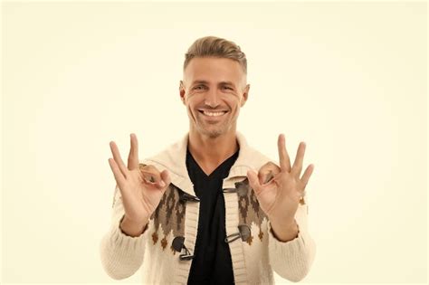 Premium Photo Happy Caucasian Man In Cardigan Show Double Ok Ring