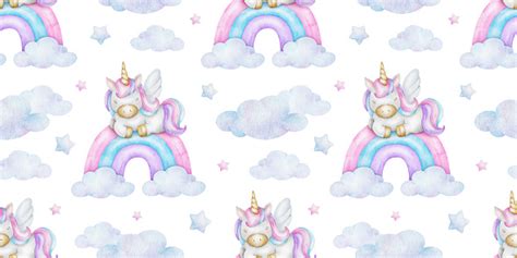 잠자는 유니콘 무지개 별 구름 수채화 보육 완벽 한 패턴입니다 소녀의 상품 옷 직물 포스터 베이비 샤워 및 어린이 방을위한 동화 조랑말과 귀여운 아기 배경 0명에 대한 스톡