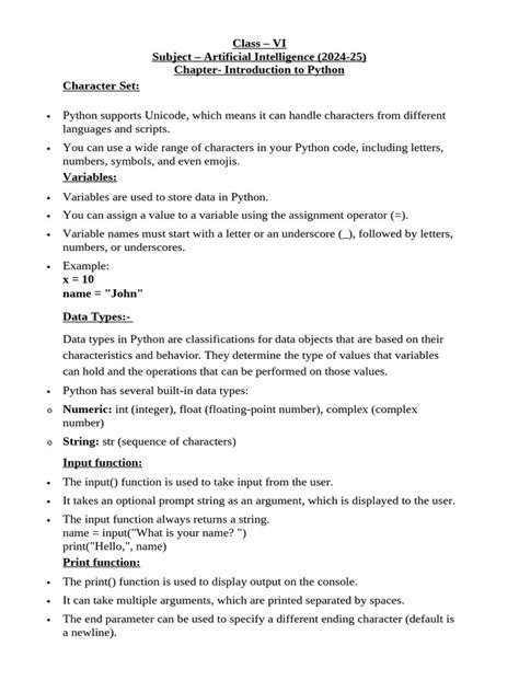 Python Notes Class Vi Rev Pdf Parameter Computer Programming