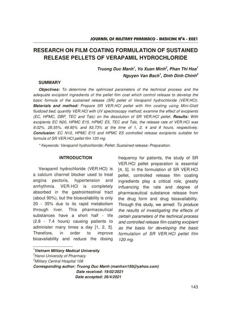 Research On Film Coating Formulation Of Sustained Release Pellets Of Verapamil Hydrochloride