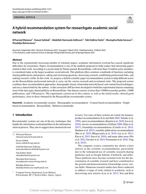 A Hybrid Recommendation System For Researchgate Academic Social Network Request Pdf