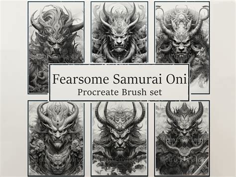 20 Fearsome Oni Samurai Yokai Japanese Folklore Wild Tattoo Style Procreate Stamp