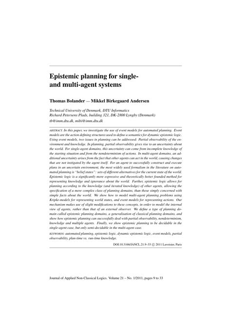 Pdf Epistemic Planning For Singleand Multi Agent Systems
