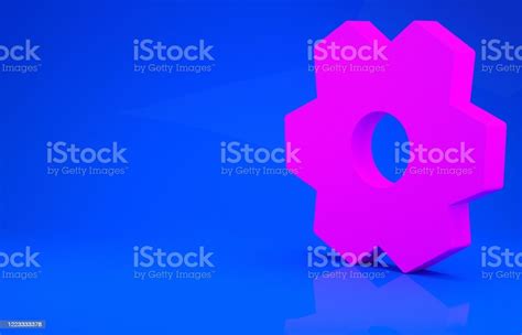 파란색 배경에 격리 된 핑크 기어 아이콘입니다 톱니바퀴 기어 설정 기호입니다 코그 기호입니다 미니멀리즘 개념 3d 일러스트레이션 3d 렌더링 3차원 형태에 대한 스톡 사진