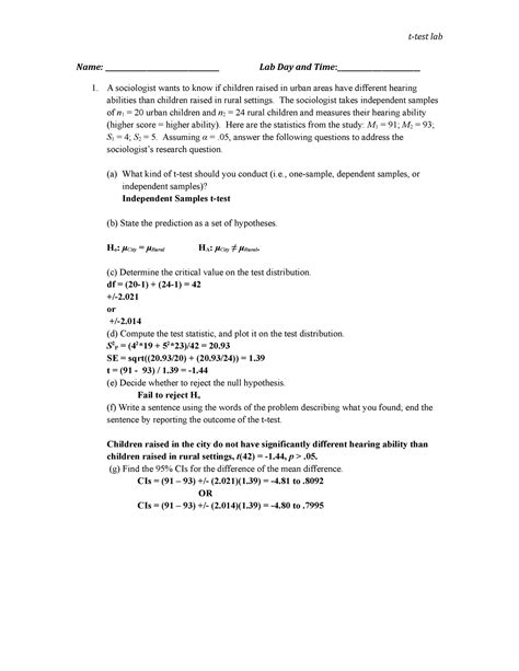 T Test Exercise Assignment 7 Lab Answers T Test Lab Name