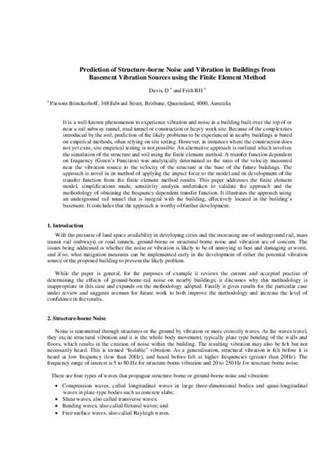 Pdf Prediction Of Structure Borne Noise And Vibration In Buildings