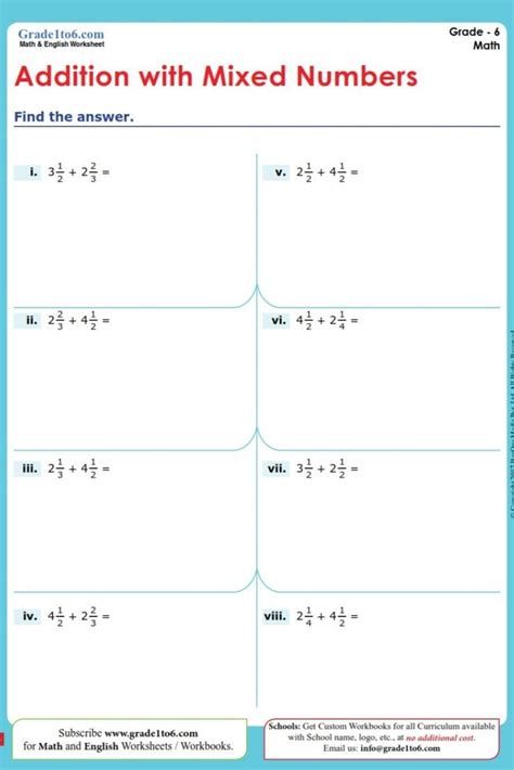 The Addition With Mixed Numbers Worksheet Is Shown In Blue And White As Well As