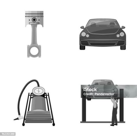 자동차 디자인에 대 한 설정된 컬렉션에 리프트 피스톤과 펌프 흑백 아이콘에 자동차 정비 역 벡터 기호 재고 일러스트 레이 션 웹입니다 건강 진단에 대한 스톡 벡터 아트 및