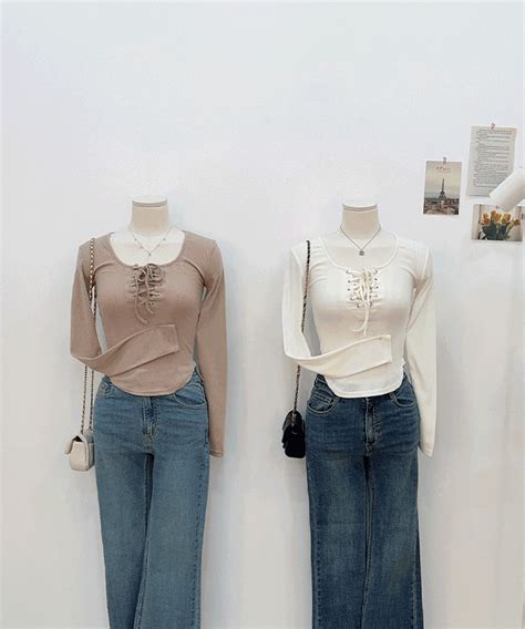 최저가 슬림핏 코르셋 밑단 굴림 골지 U넥 쫀쫀 언발 아일렛 긴팔 티셔츠 섹시글램 데일리룩 꾸안꾸룩 4color화이트베이지그레이블랙 에이블리