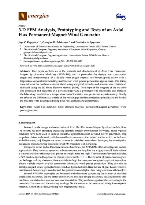Pdf 3 D Fem Analysis Prototyping And Tests Of An Axial Flux Permanent Magnet Wind Generator
