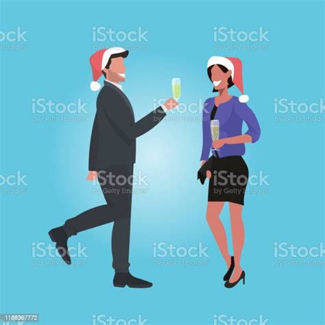 산타 모자에 사업가 기업 파티 비즈니스 사람들 커플 마시는 샴페인 크리스마스 휴일 축 하 축 하 개념 전체 길이 사람들에 대한 스톡 벡터 아트 및 기타 이미지 Istock
