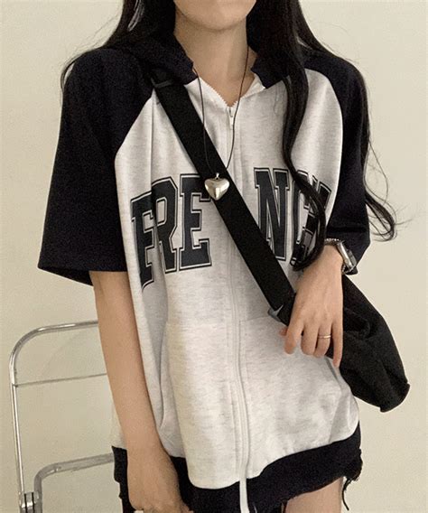 여름 아우터엉덩이 덮는 기장 프라이 오버핏 반팔 후드 집업 나그랑 배색 루즈핏 반팔티 3color 에이블리