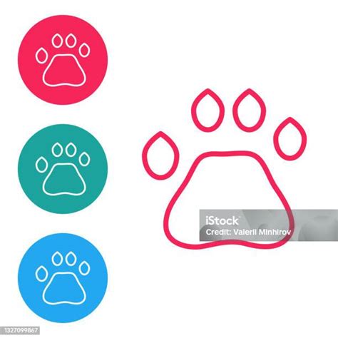 흰색 배경에 격리된 빨간색 줄 곰 발 발자국 아이콘입니다 원 버튼에 아이콘을 설정합니다 벡터 갈고리 발톱에 대한 스톡 벡터 아트 및 기타 이미지 Istock