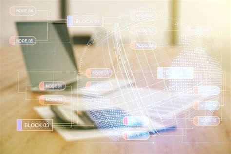 노트북 배경 연구 및 개발 개념이 있는 흐릿한 계산기에 추상 프로그래밍 언어 홀로그램 및 세계 지도의 이중 노출 프리미엄 사진