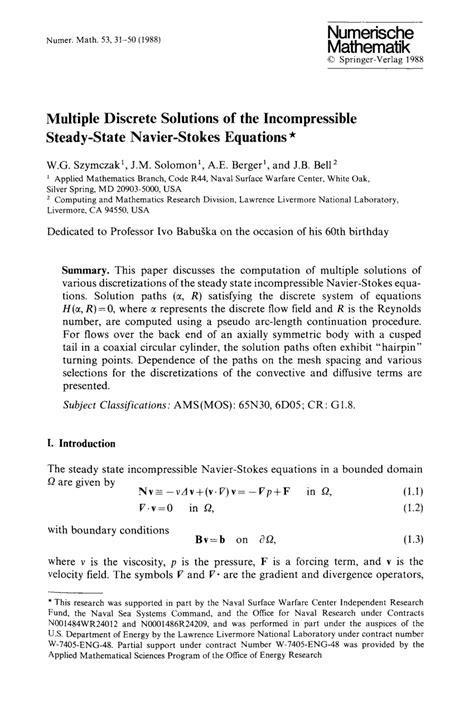 Pdf Multiple Discrete Solutions Of The Incompressible Steady State Navier Stokes Equations
