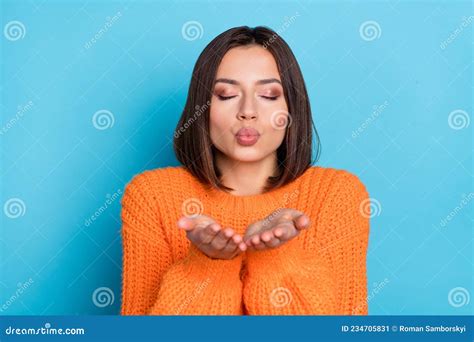 Portrait Of Attractive Dreamy Affectionate Amorous Girl Sending You Air