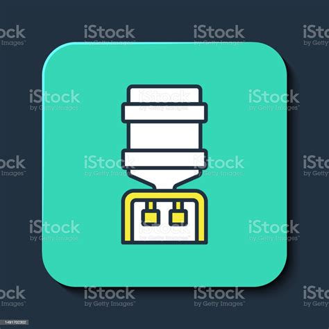 채워진 윤곽선 물 냉각기는 파란색 배경에 분리된 사무실과 가정 아이콘을 위한 것입니다 물 디스펜서 병 사무실 플라스틱 및 액체 청록색 사각형 버튼 벡터 0명에 대한 스톡