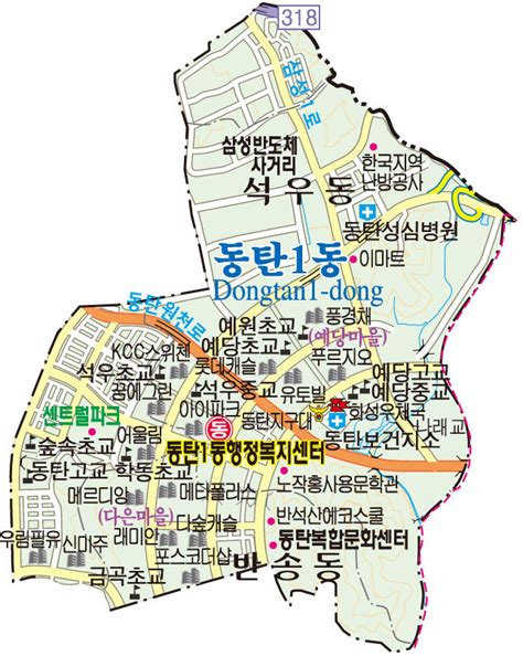 고해상도 경기도 화성시 행정 지도 와 동탄 신도시 지도 1동~8동까지