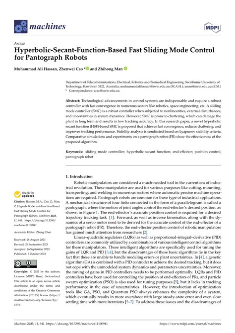 Pdf Hyperbolic Secant Function Based Fast Sliding Mode Control For Pantograph Robots