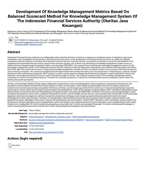 Development Of Knowledge Management Metrics Based On Balanced Scorecard Method For Knowledge