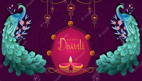 Diya 램프와 공작 벡터 일러스트와 함께 해피 디 왈리 포스터 빛의 인도 축제 디자인 프리미엄 벡터