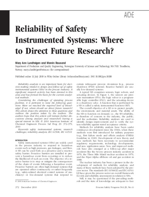 Pdf Reliability Of Safety Instrumented Systems Where To Direct Future Research