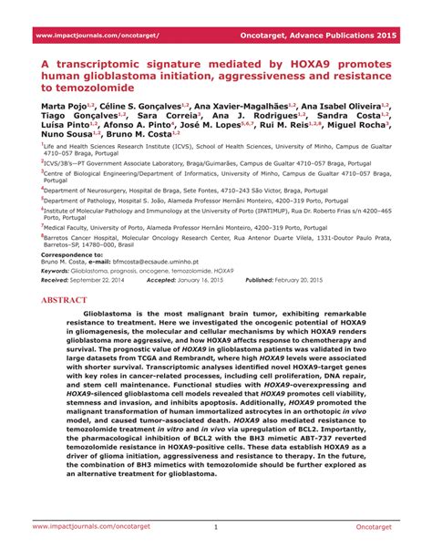 Pdf A Transcriptomic Signature Mediated By Hoxa9 Promotes Human Glioblastoma Initiation
