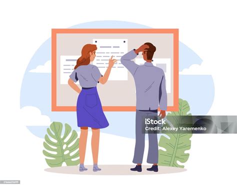 스크럼 보드를 가진 사람들 남자와 여자가 작업에 가까이 있습니다 효율적인 작업 프로세스의 시간 관리 및 조직 매일의 전략을 가진 근로자 평면 벡터 일러스트 레이 션 개발에