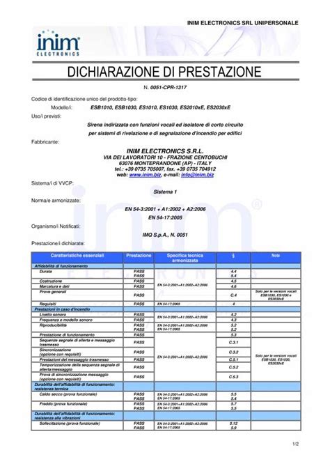 Esb Esx010 X030 Declaration Of Performance No 0051 Cpr 1317 Of