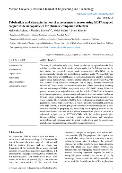 Pdf Fabrication And Characterization Of A Colorimetric Sensor Using Edta Capped Copper Oxide