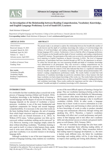 Pdf An Investigation Of The Relationship Between Reading Comprehension Vocabulary Knowledge