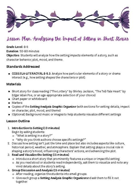 Setting Analysis Lesson Plan And Graphic Organizer Tpt
