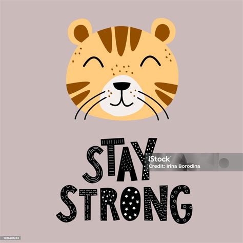 귀여운 만화 호랑이 얼굴과 글자의 이미지 강한 유지 회색 배경에 벡터 그래픽에 포스터 엽서 티셔츠 머그잔 노트북 커버 프린트 의 디자인 가공의 인물에 대한 스톡 벡터 아트