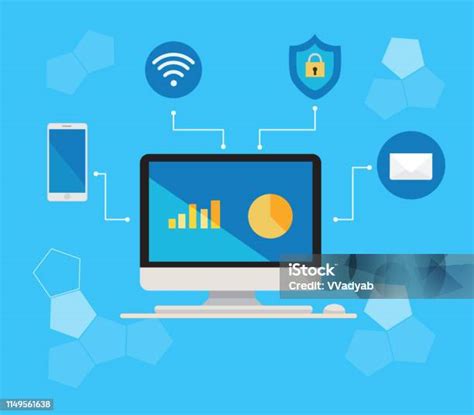 컴퓨터 키보드 미디어 요소 네트워크 아이콘 벡터 일러스트 레이 션입니다 미디어를 연결 하는 온라인 데이터가 있는 데스크톱 컴퓨터 연결 미디어 개념 3차원 형태에 대한 스톡