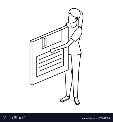 Young Woman Lifting Floppy Disk Data Storage Vector Image