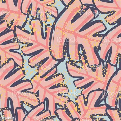 추상 몬스터 잎 원활한 패턴입니다 이국적인 식물 빨간 잎입니다 손으로 그린 창조적 인 단풍 벡터 일러스트 가리기에 대한 스톡