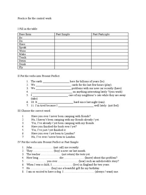 Practice For The Control Work Pdf Perfect Grammar Syntax