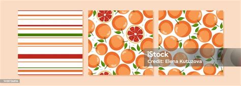 자몽 배경 컬렉션 세 가지 패턴 감귤류 세트 자몽이있는 추상적 인 이음새없는 패턴 흰색 배경에 스트립 섬유 포장지 벽지 표지 디자인의 배경 가리기에 대한 스톡 벡터 아트 및